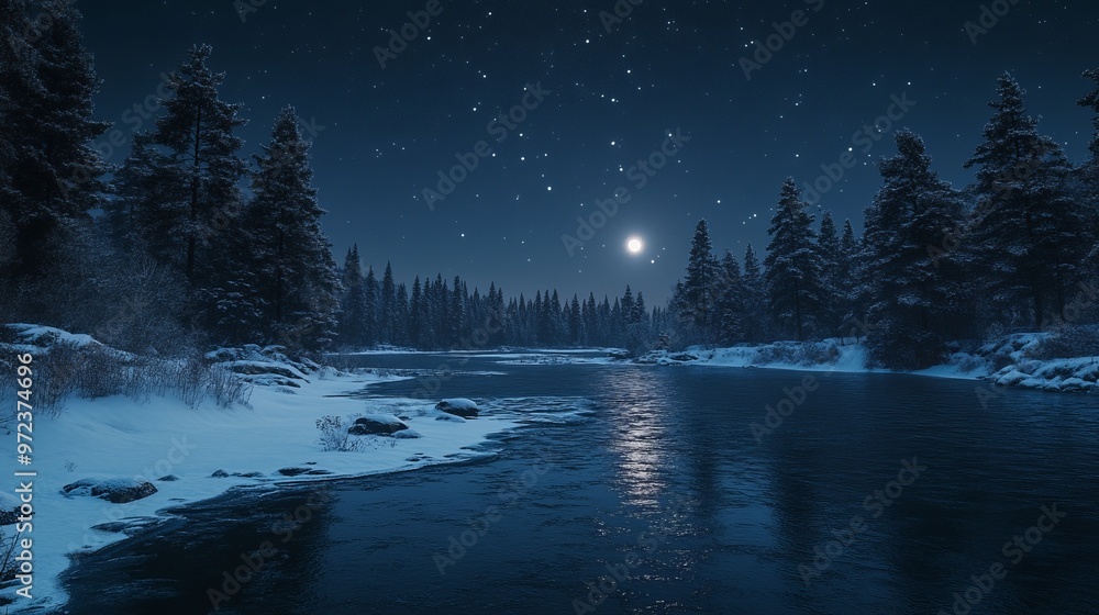 Frozen lake with snow-covered trees under a clear night sky, with the ...