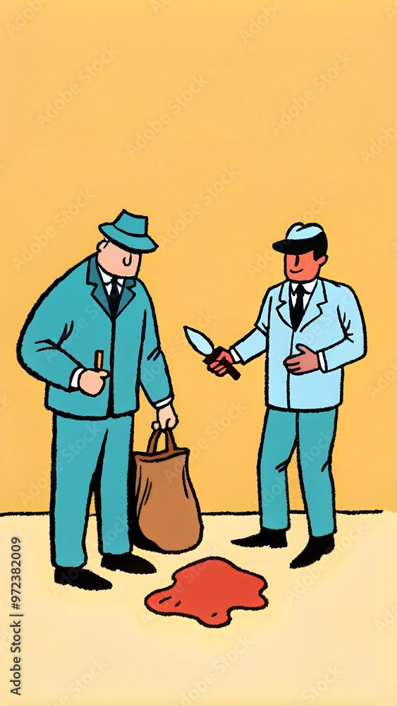 Police interrogation without lawyer. Detective cop shows knife in blood ...