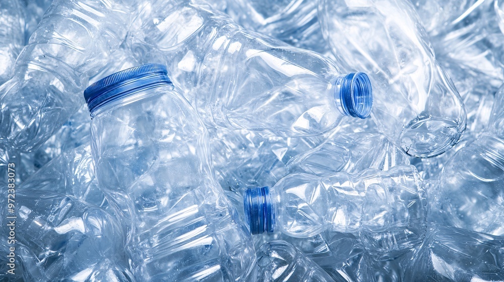 67. Close-up view of a jumble of clean, empty plastic PET bottles ...