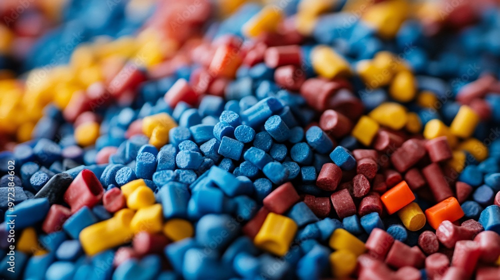 82. Detailed image showcasing a heap of colorful plastic pellets ...
