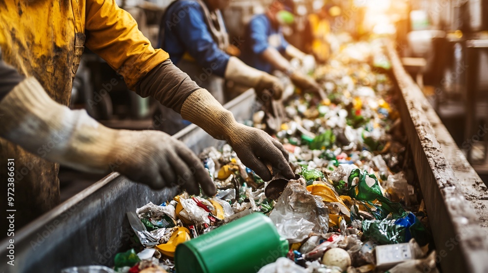 113. Close-up of a recycling plant with workers sorting waste into ...