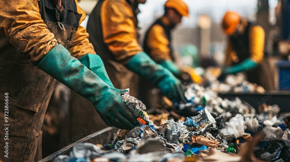 113. Close-up of a recycling plant with workers sorting waste into ...