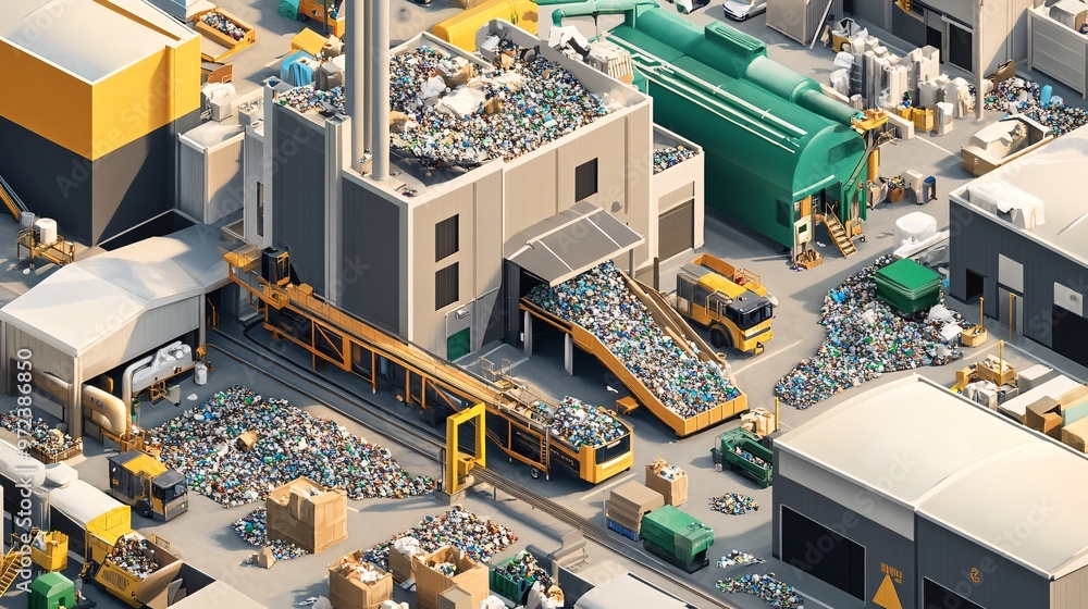 115. Detailed depiction of a waste recycling plant, showing various ...