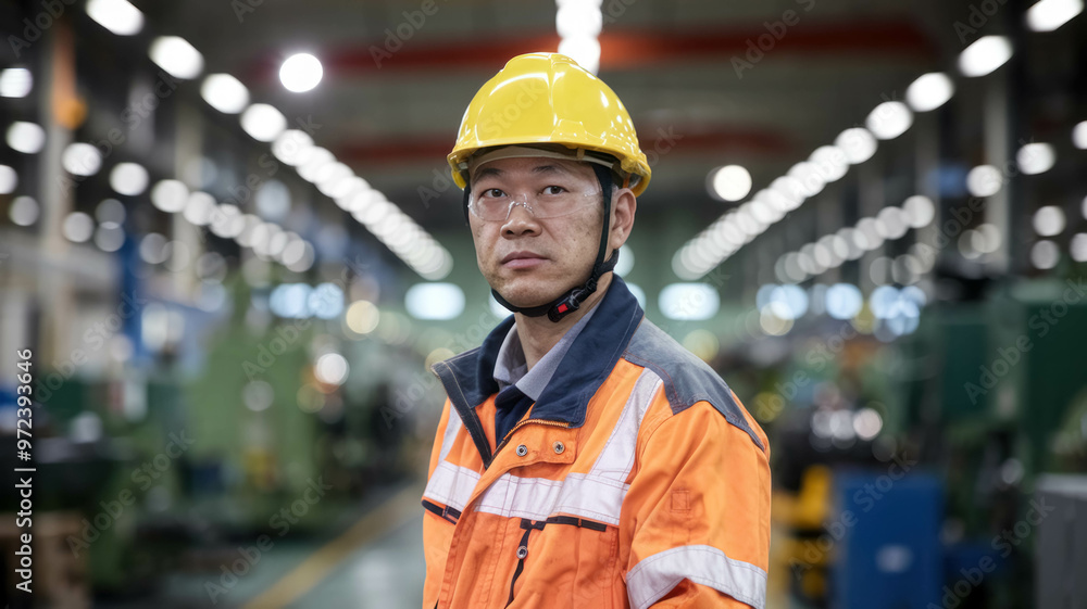 Portrait Of An Asian Male Factory Worker Wearing A Safety Helmet And ...