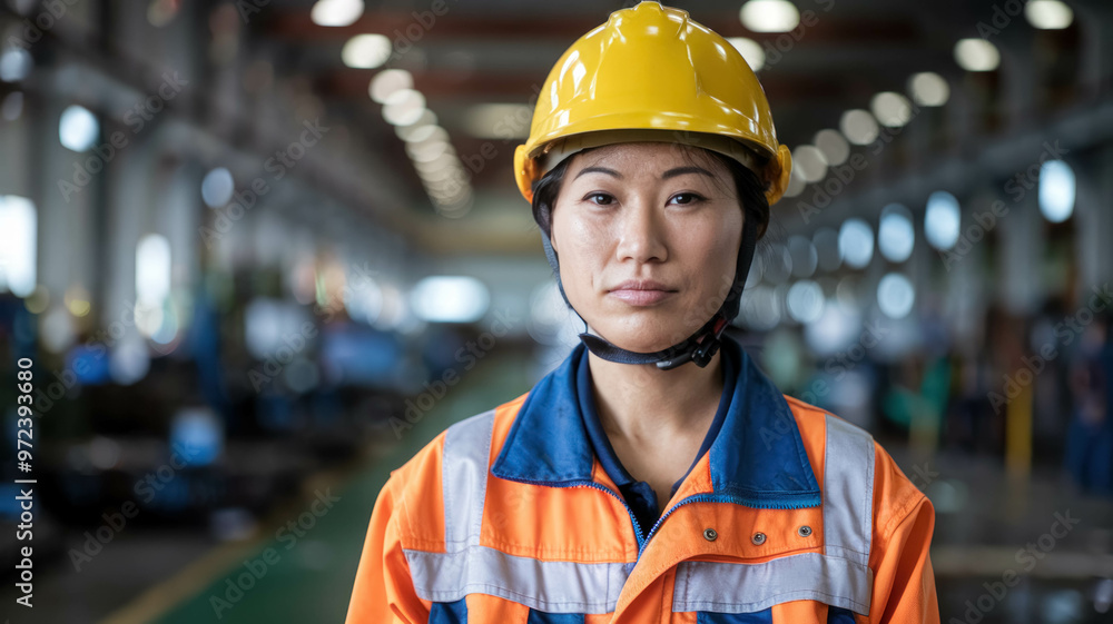 Portrait Asian Female Factory Worker Wearing A Safety Helmet And ...