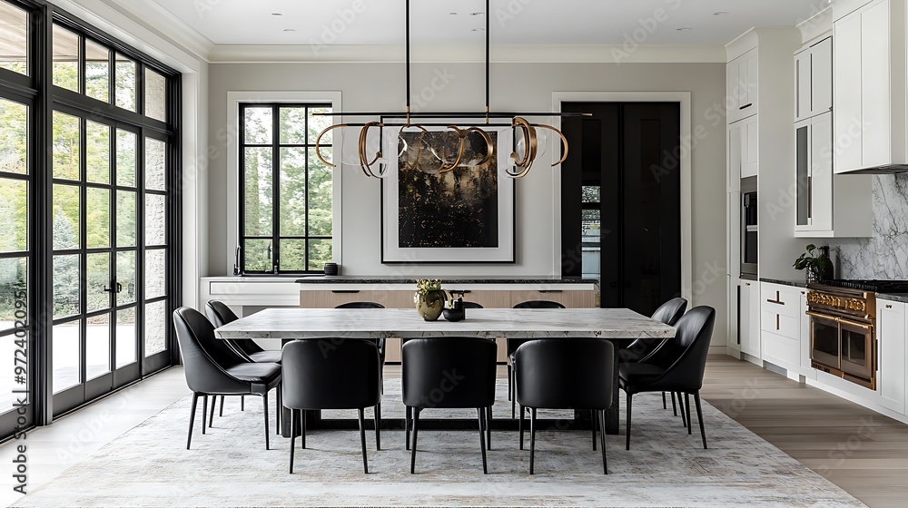 Contemporary dining space with a rectangular marble table, black ...