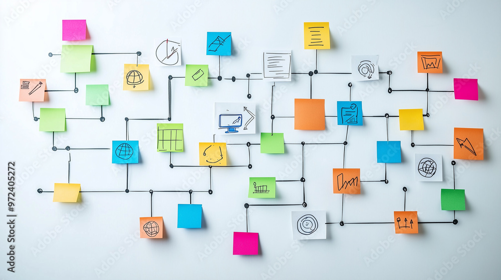 A creative business brainstorming session with sticky notes and mind ...