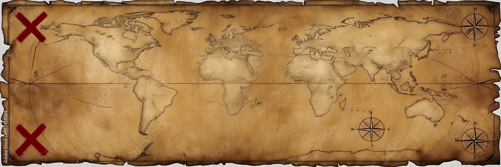 Vintage world map on aged parchment with sepia tones. Features ...