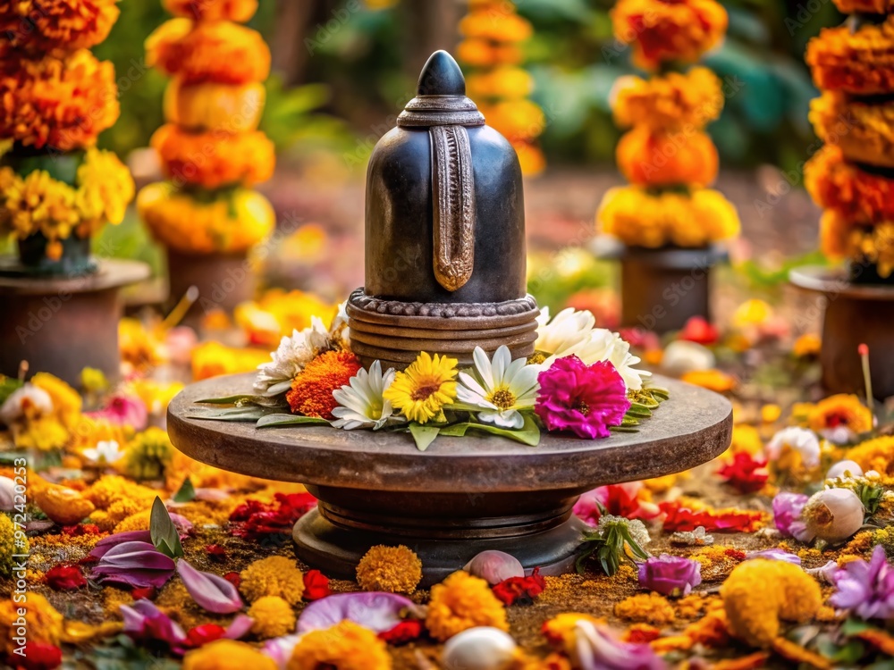 Ancient sacred Hindu symbol, the Shiva Lingam, a cylindrical stone form ...