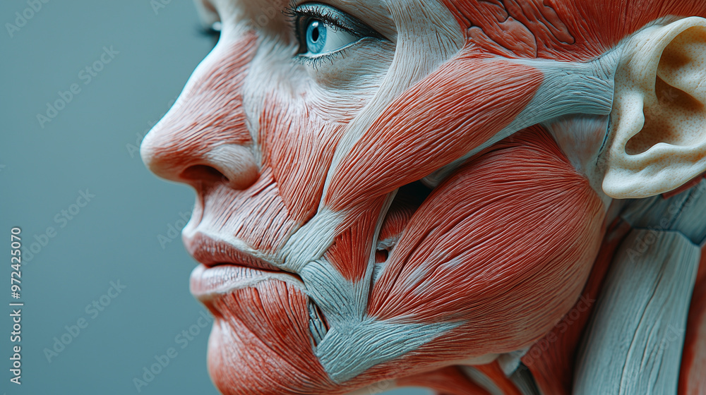 An anatomical model of the human head and neck, showcasing detailed ...