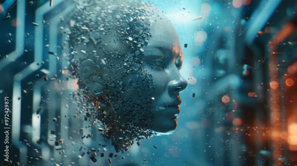 A fragmented digital face with scattered pieces floating in a ...
