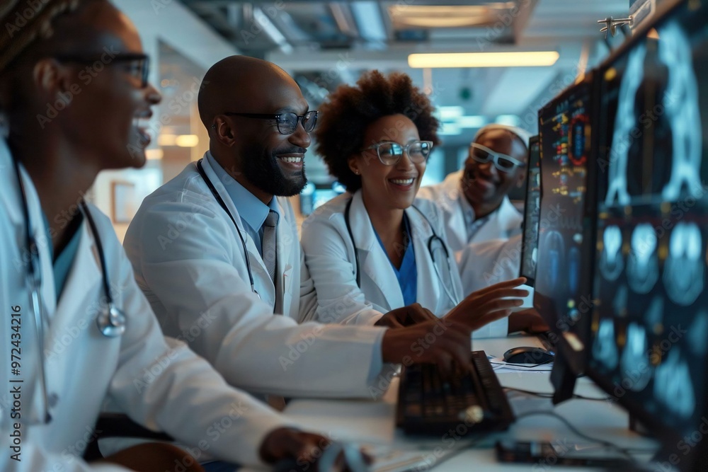 The beautiful diverse doctors team are smiling, laughing, and wearing ...