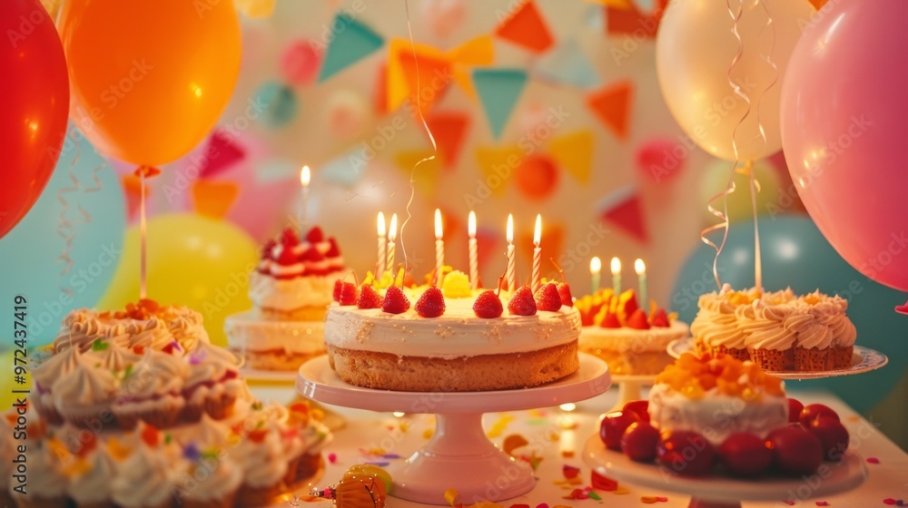 The image depicts a festive birthday party scene with multiple birthday cakes on a table. Stock ...