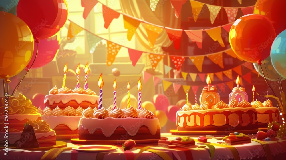 The image depicts a festive birthday party scene with multiple birthday ...