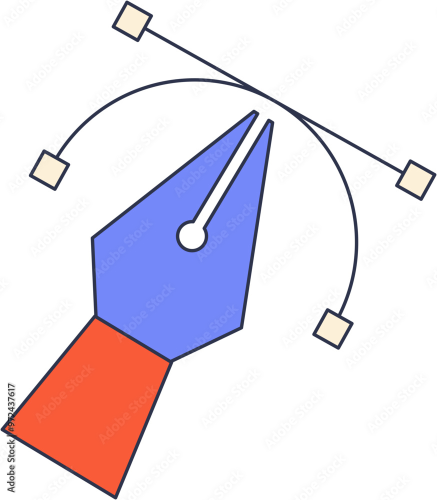 Vector graphic of a pen tool creating a curved line with anchor points ...