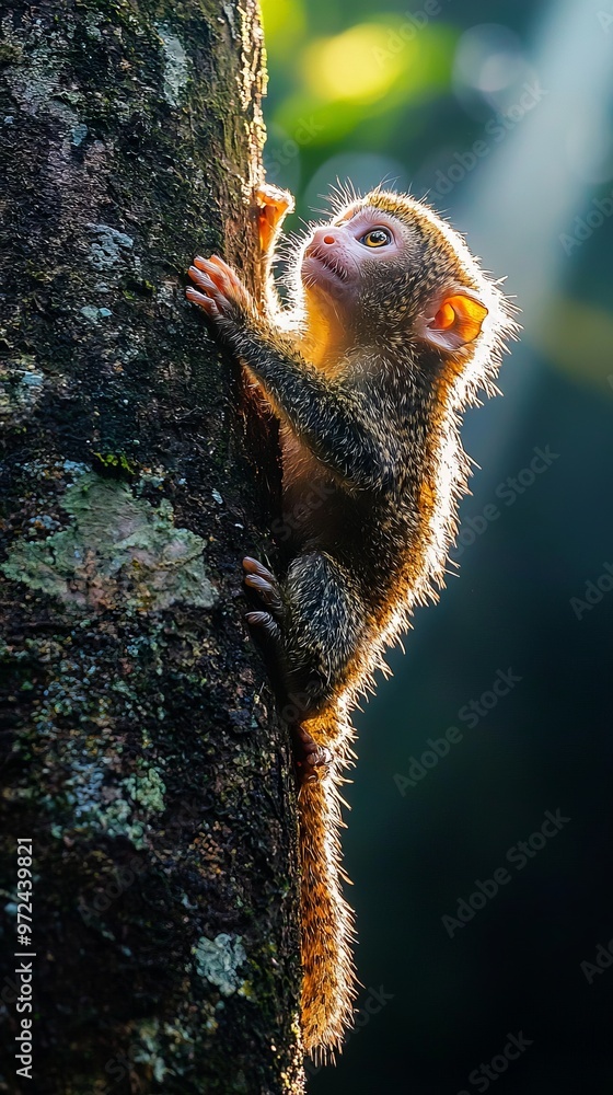 Tiny pygmy marmoset climbing a tree in the dense Amazon rainforest ...