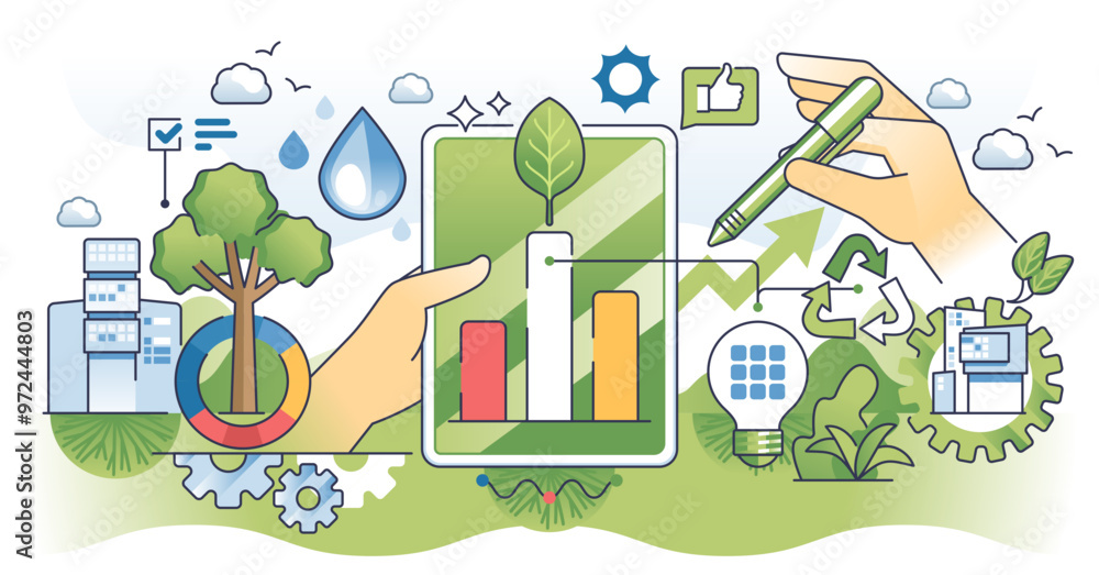 Sustainability reporting and green business initiatives outline hands ...