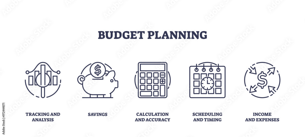 Budget planning and financial income management outline icons ...