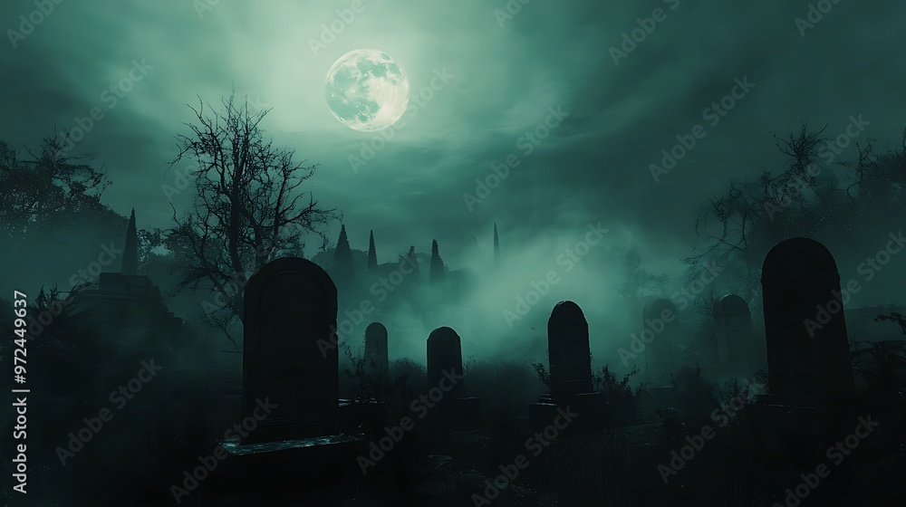 Eerie graveyard silhouette with crooked tombstones, barren trees, and fog swirling around, set ...