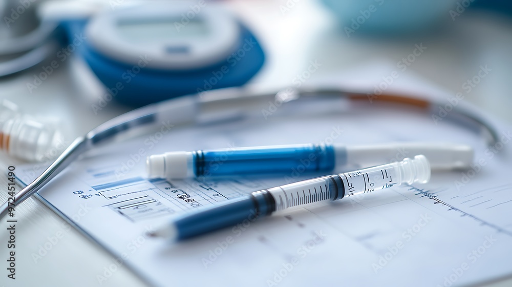 A close-up of a glucometer and insulin pen on a medical table, used for ...