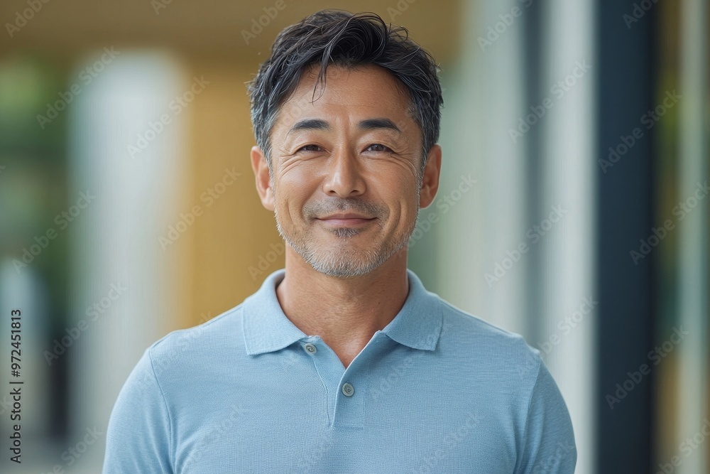 A candid portrait of a smiling middle-aged Japanese man in a light blue ...