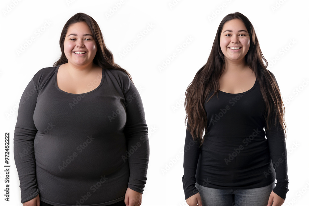 Woman posing before and after weight loss. Diet and healthy nutrition ...