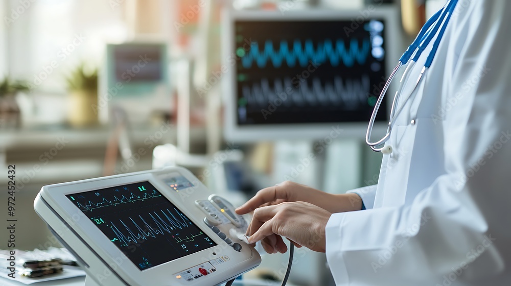 A healthcare professional using an electrocardiogram (ECG) machine to ...