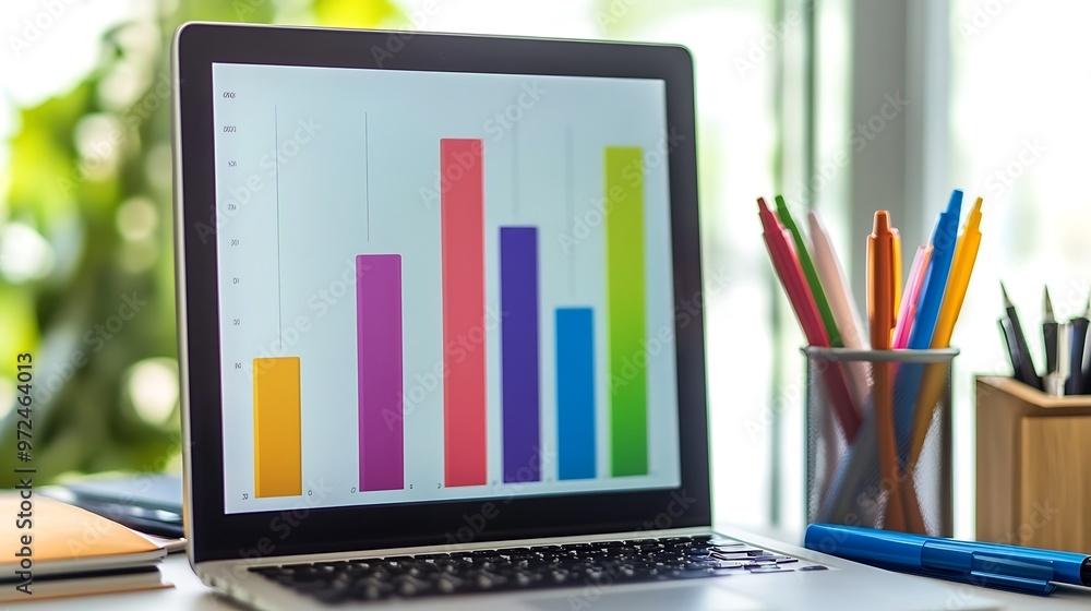 A colorful stacked bar graph displayed on a laptop screen in an office ...