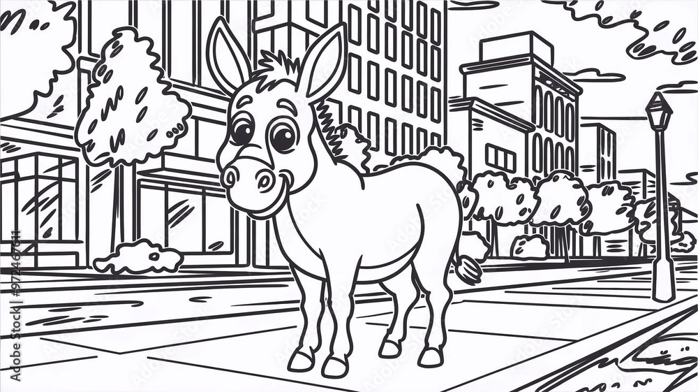 Coloring book pages with the image of a beautiful and cute donkey in an ...