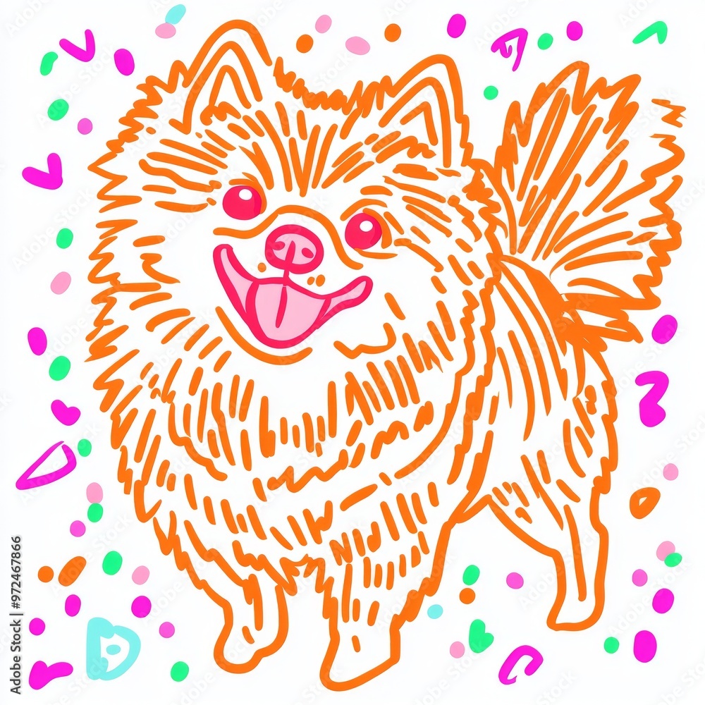 Simple single line illustration of a charming pomeranian dog portrait ...