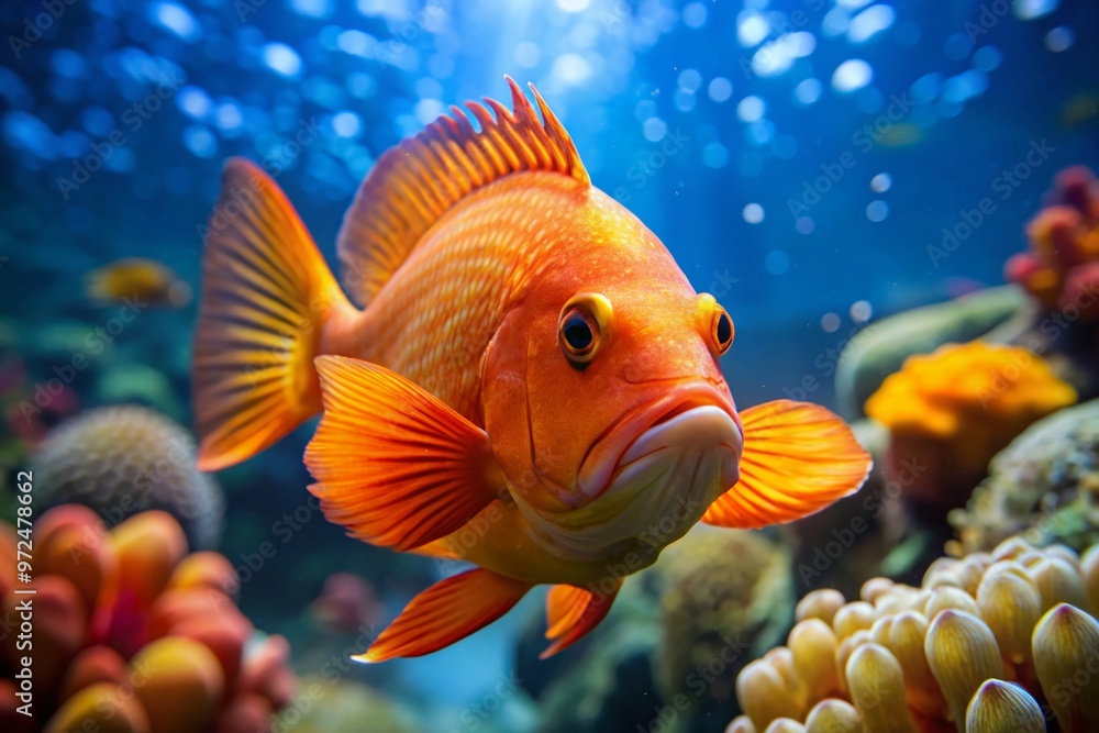 A vibrant orange fish with an unusually large, bulbous forehead swims ...