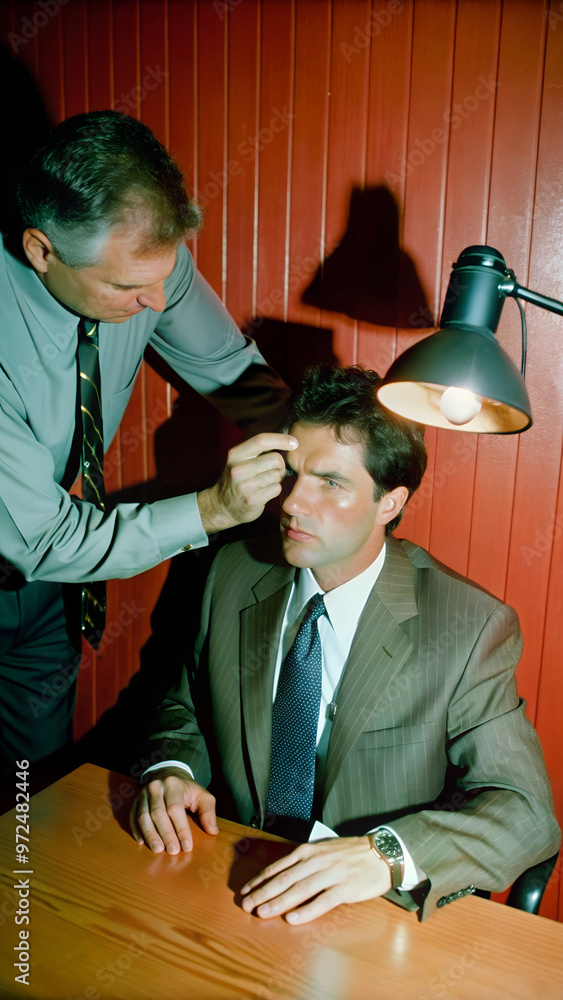 Police detective shines desk lamp right in suspect's face ...