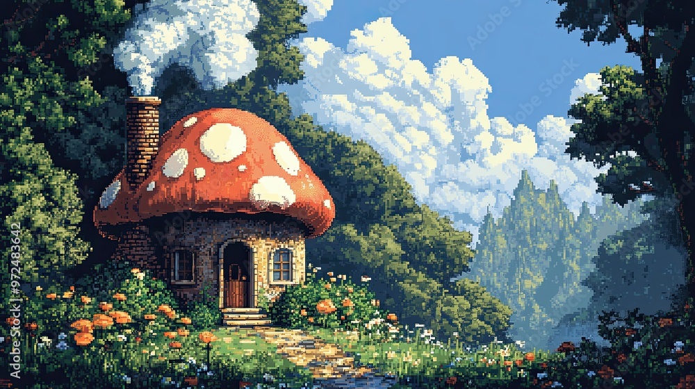 A pixel art dreamscape with a giant pixelated mushroom house, smoke ...