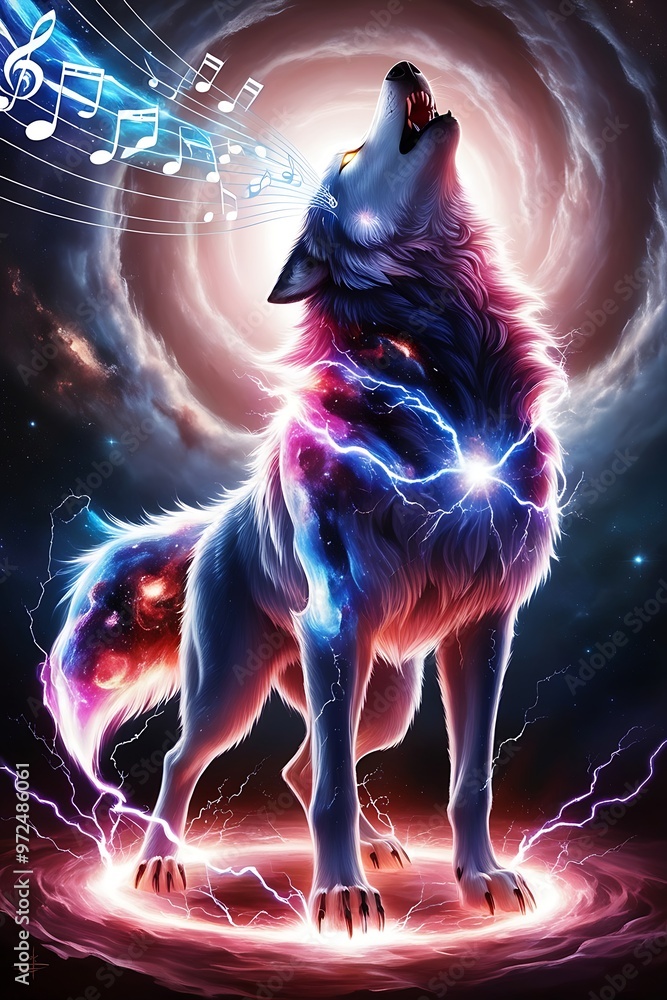 Cosmic Wolf Howling with Musical Notes Stock Illustration | Adobe Stock