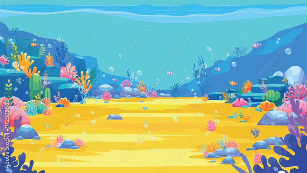 Underwater cartoon background. Undersea with corals and seaweed, sea ...