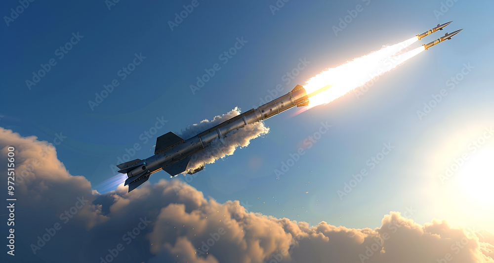 A military missile in flight against the sky, A rocket is flying ...