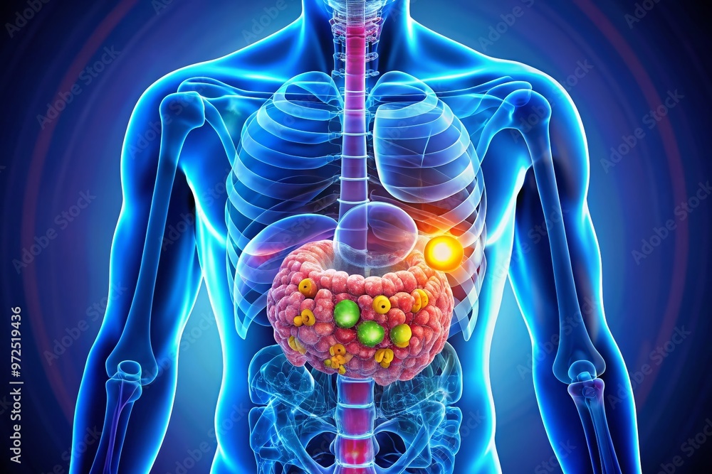 Colorful illustration of human digestive system showing stomach cancer ...