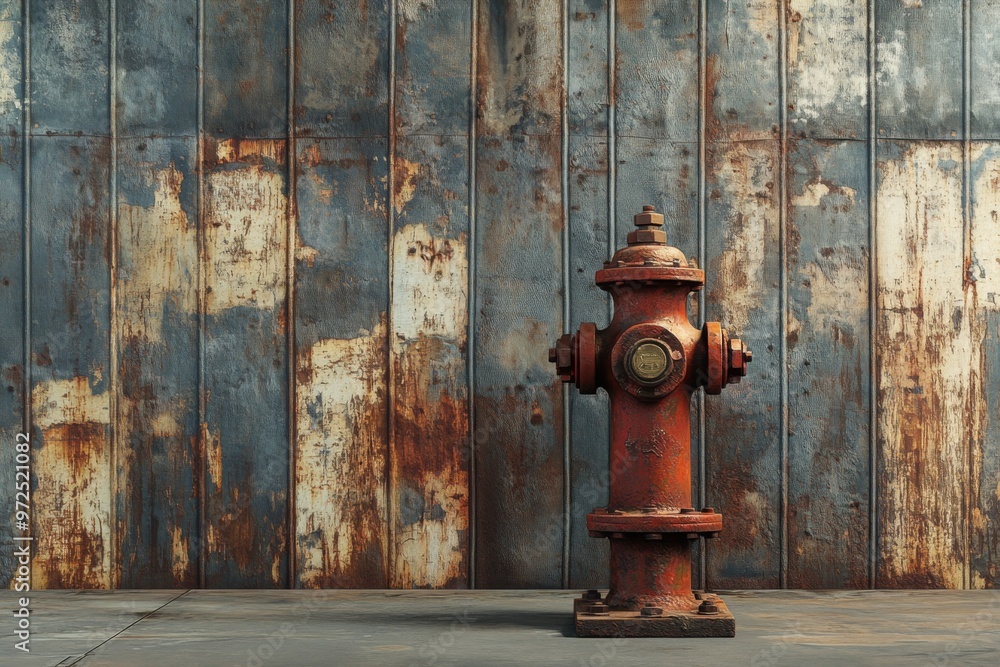 rusty fire hydrant set against a grungy metal wall, with visible signs ...