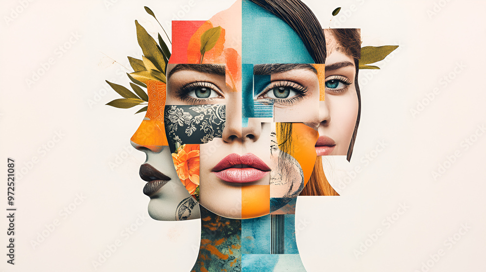 Contemporary art collage. Modern design. Female face made from ...