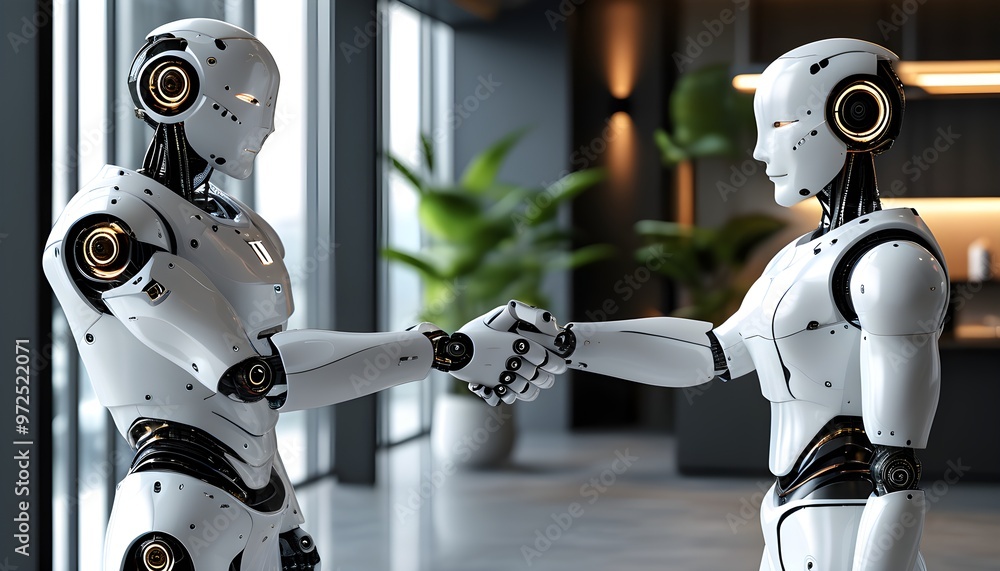 Futuristic business introductions and handshakes in a sleek, modern ...