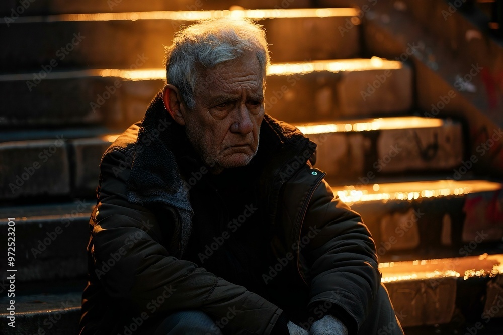 portrait of a mature man sitting on a staircase after a slip and fall ...