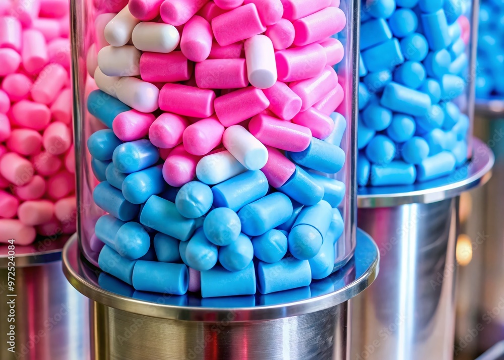 Colorful pink and blue cylindrical tablets of chewing gum align ...