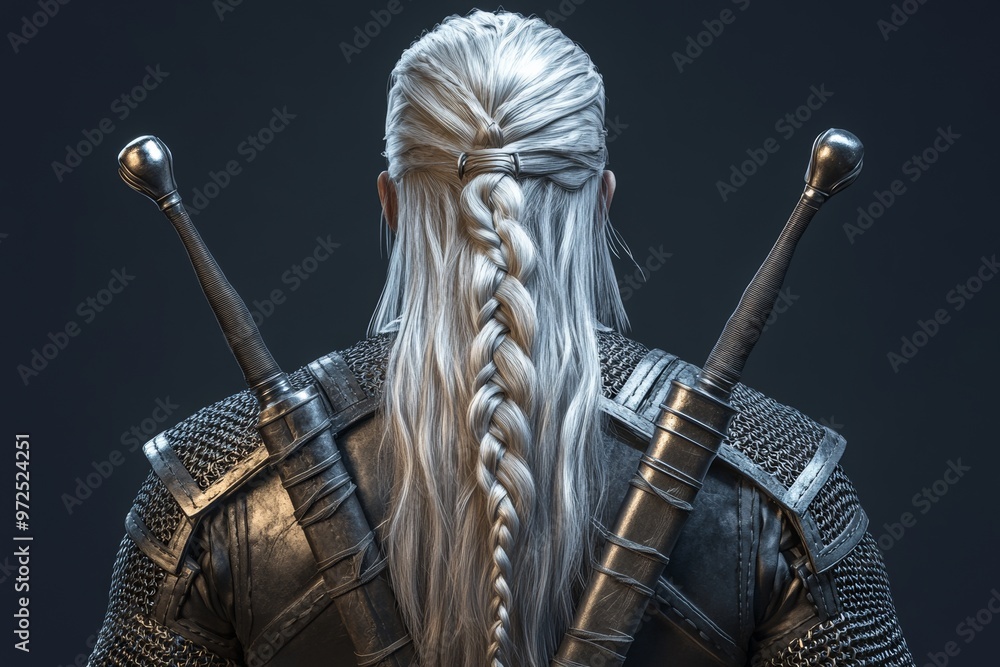 Strong warrior with white hair and body armor, two weapons crossed with ...
