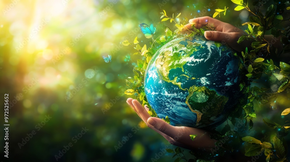 Planet Earth healing and thriving. The Earth being nurtured by hands ...