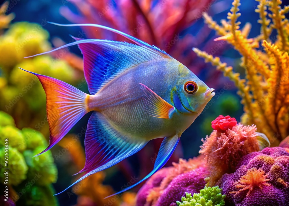 Delicate, iridescent scales shimmer on a majestic veil angelfish, its ...