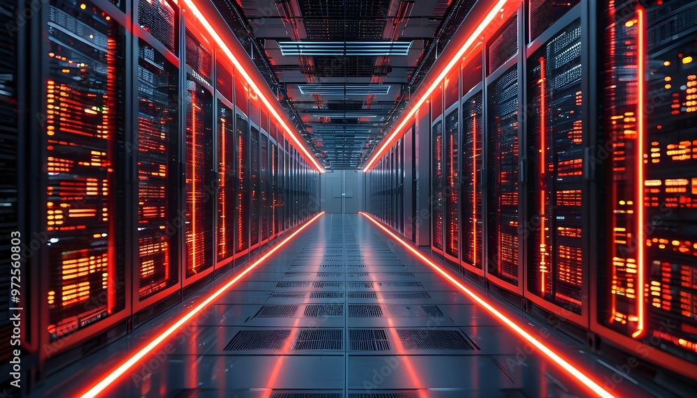 Futuristic data center corridor illuminated by glowing red lines with ...