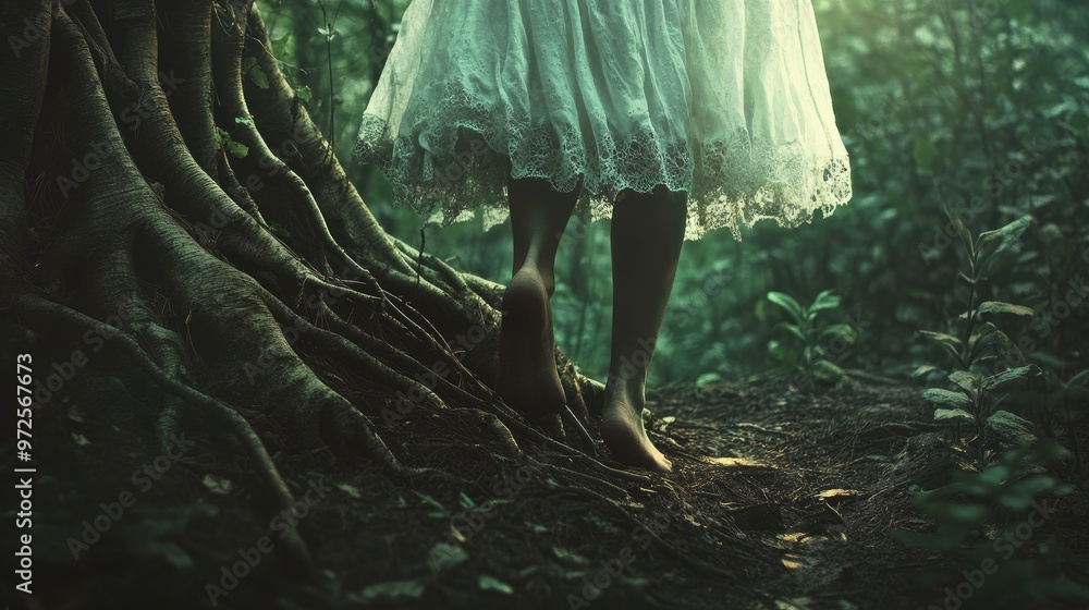 A mystical scene where a woman legs blend into tree roots, grounding ...