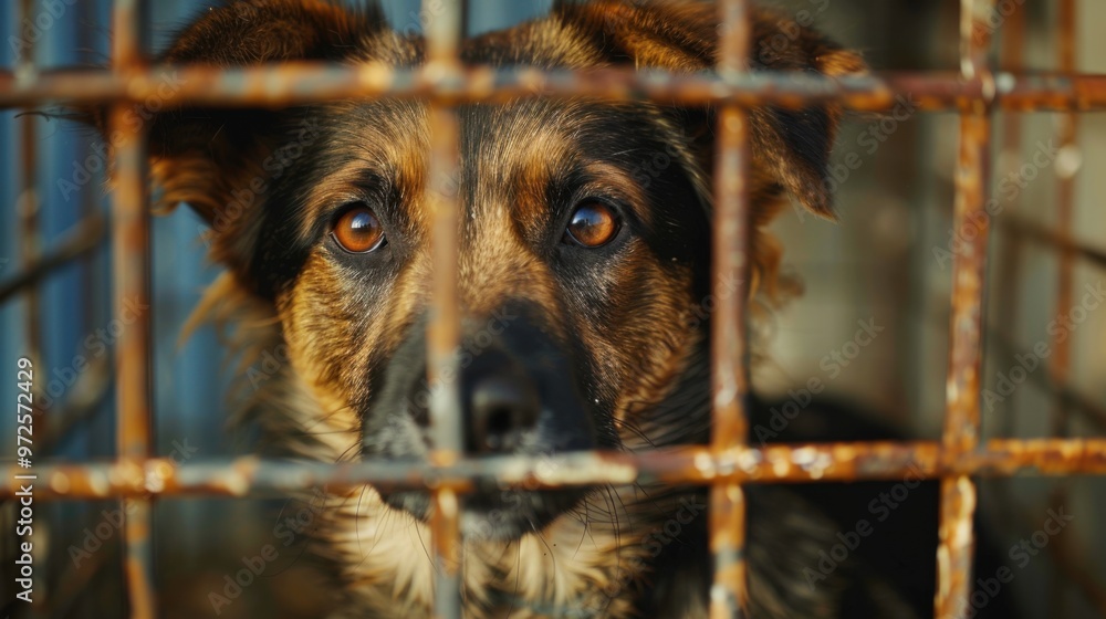 Stray homeless dog in animal shelter cage. Sad abandoned hungry dog ...
