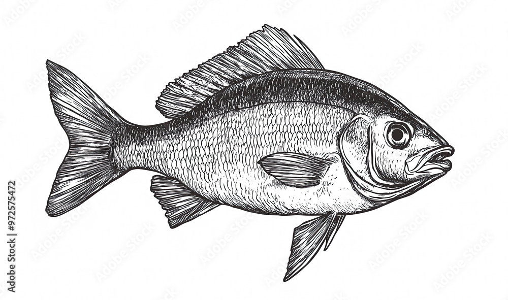 Fish sketch dorado gilt-head bream. Vintage retro print, black white ...