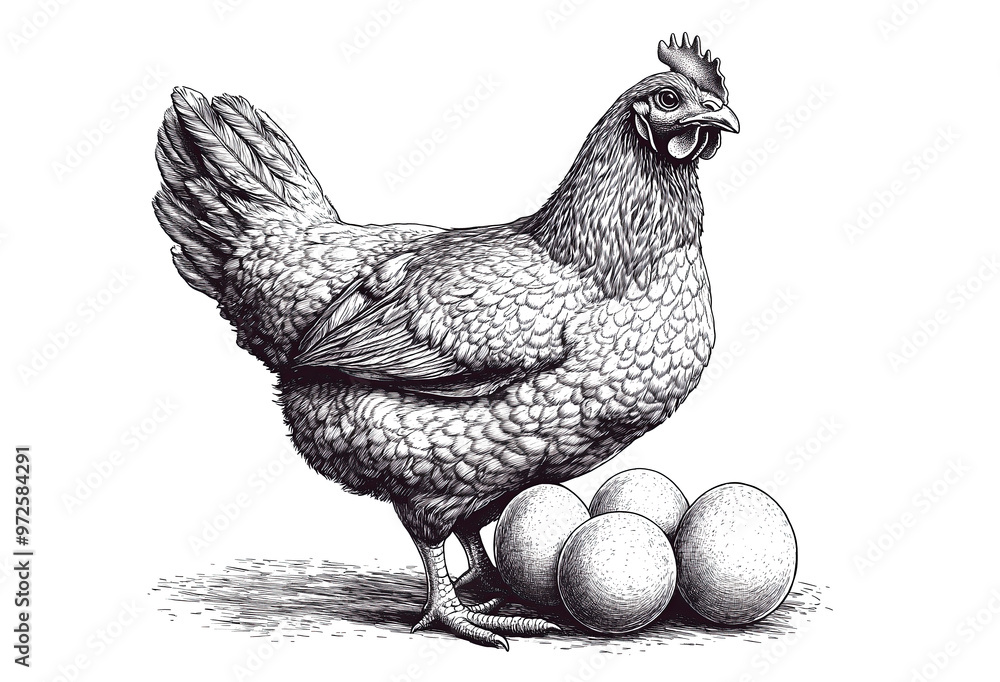 Chicken nest with eggs, sketch. Vintage retro print, hand-drawn ...